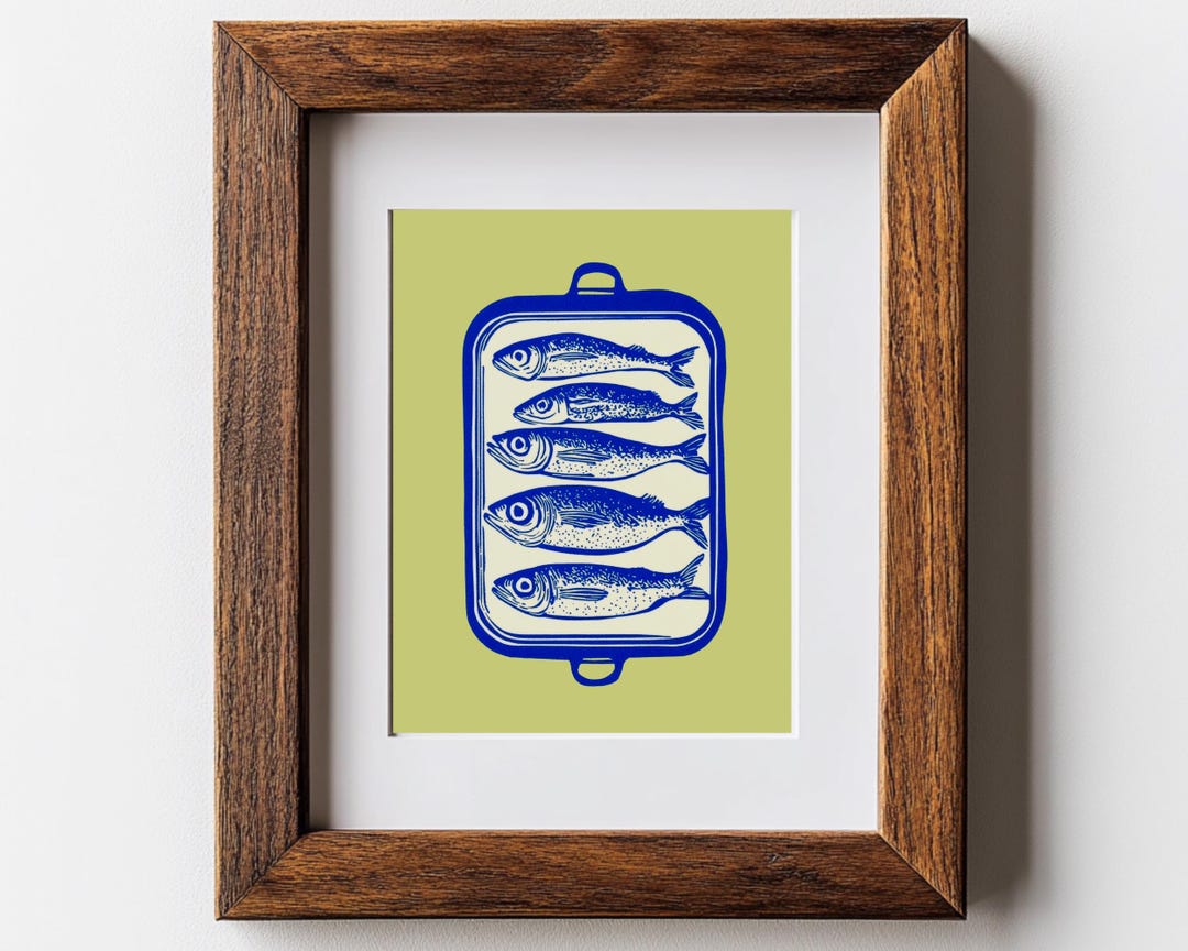 Sardine Tinned Fish Print - Nautical Kitchen Wall Art, Coastal Folk Art ...