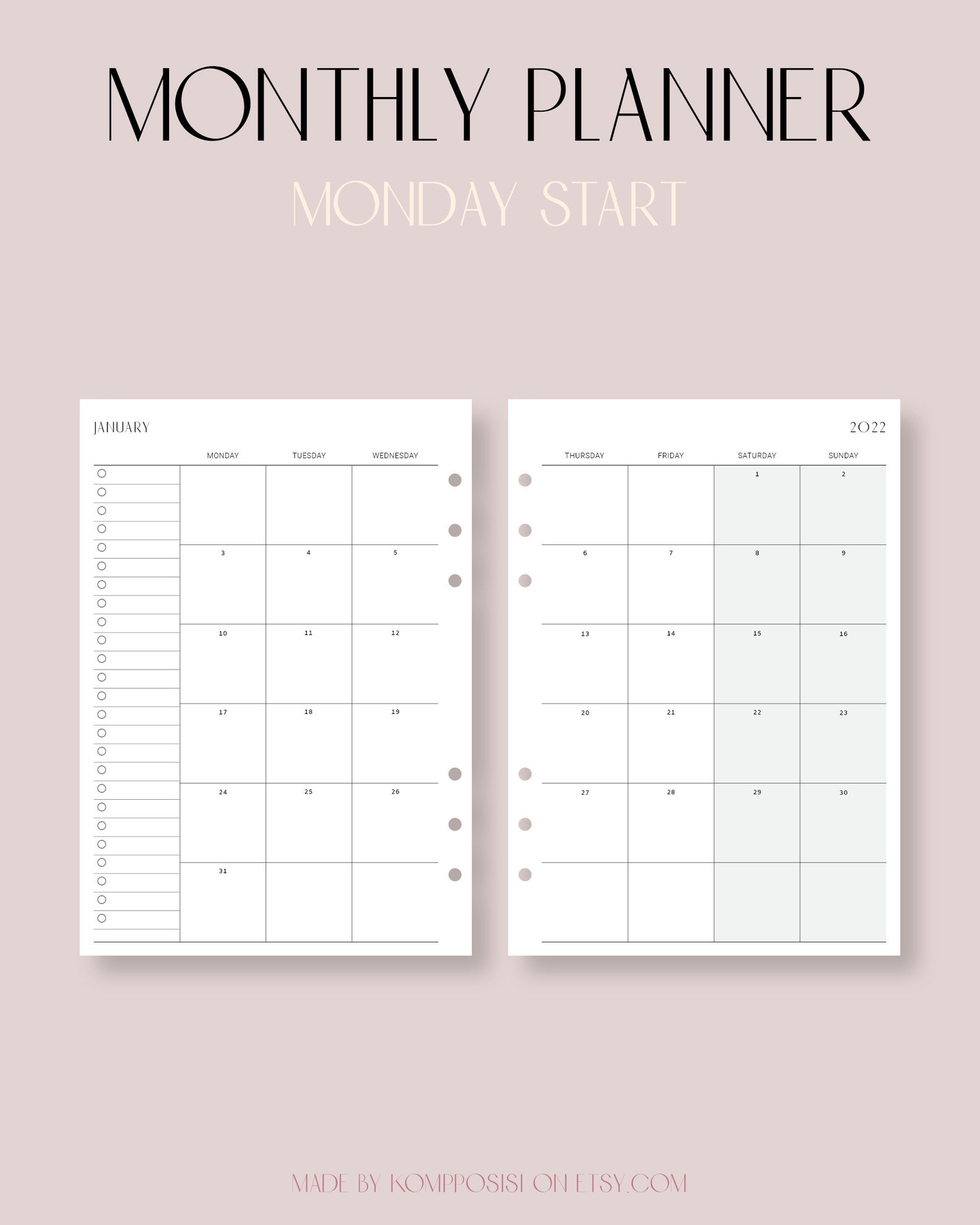 2022 A5 Dated Monthly Calendar Printable Planner Inserts | Month on Two ...