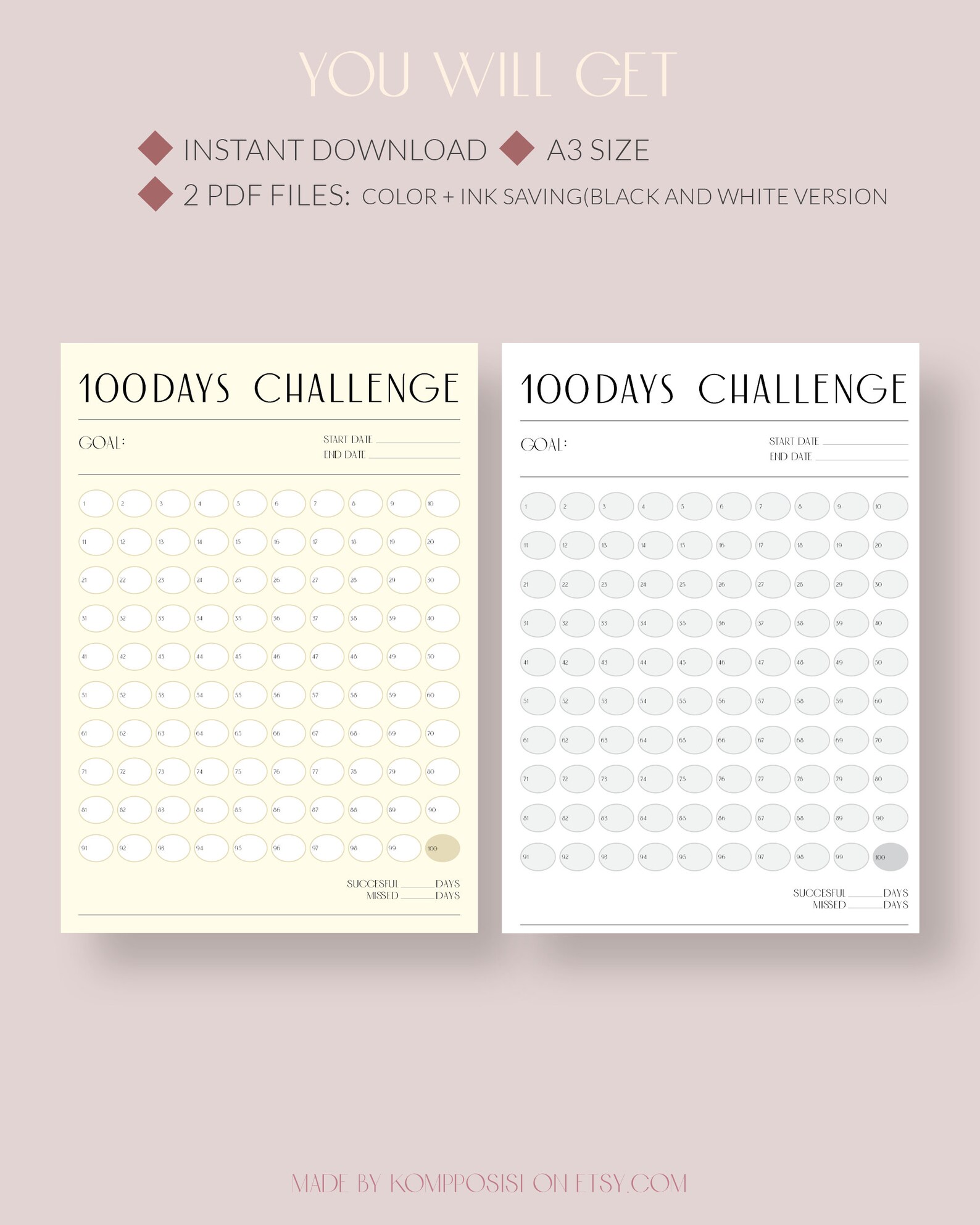 100 Days Challenge Printable A3 Size | 100 Days Habit Tracker | Weight ...