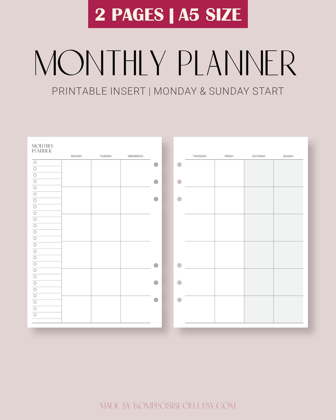 2022 A5 Undated Monthly Planner Printable Month on Two Pages | Etsy