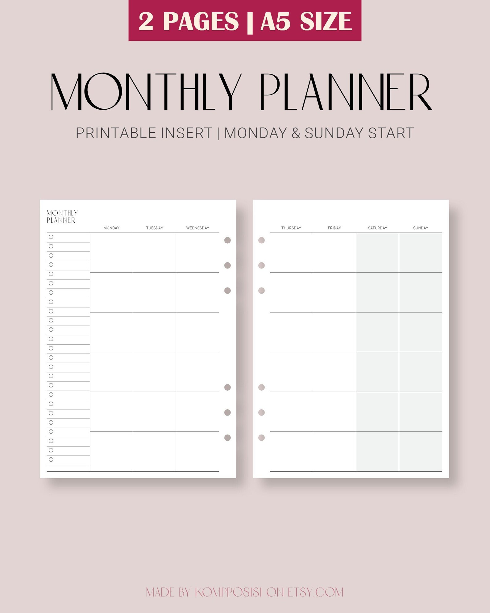 2022 A5 Undated Monthly Planner Printable Month on Two Pages | Etsy