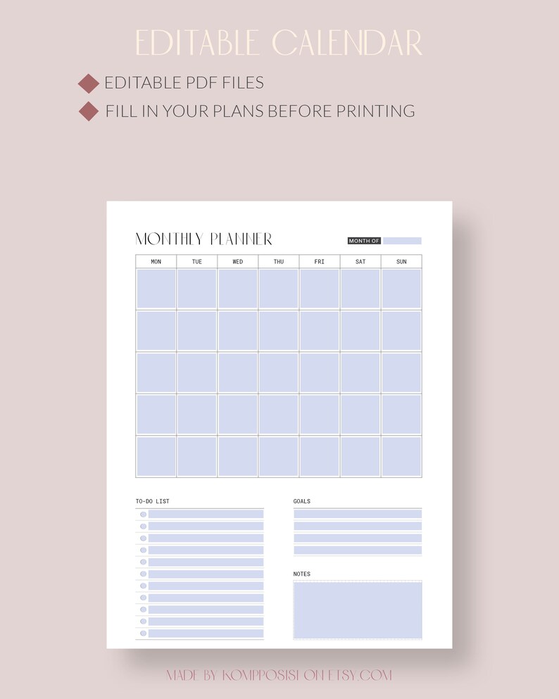 Monthly Planner Printable Page | Fillable Monthly Schedule PDF ...