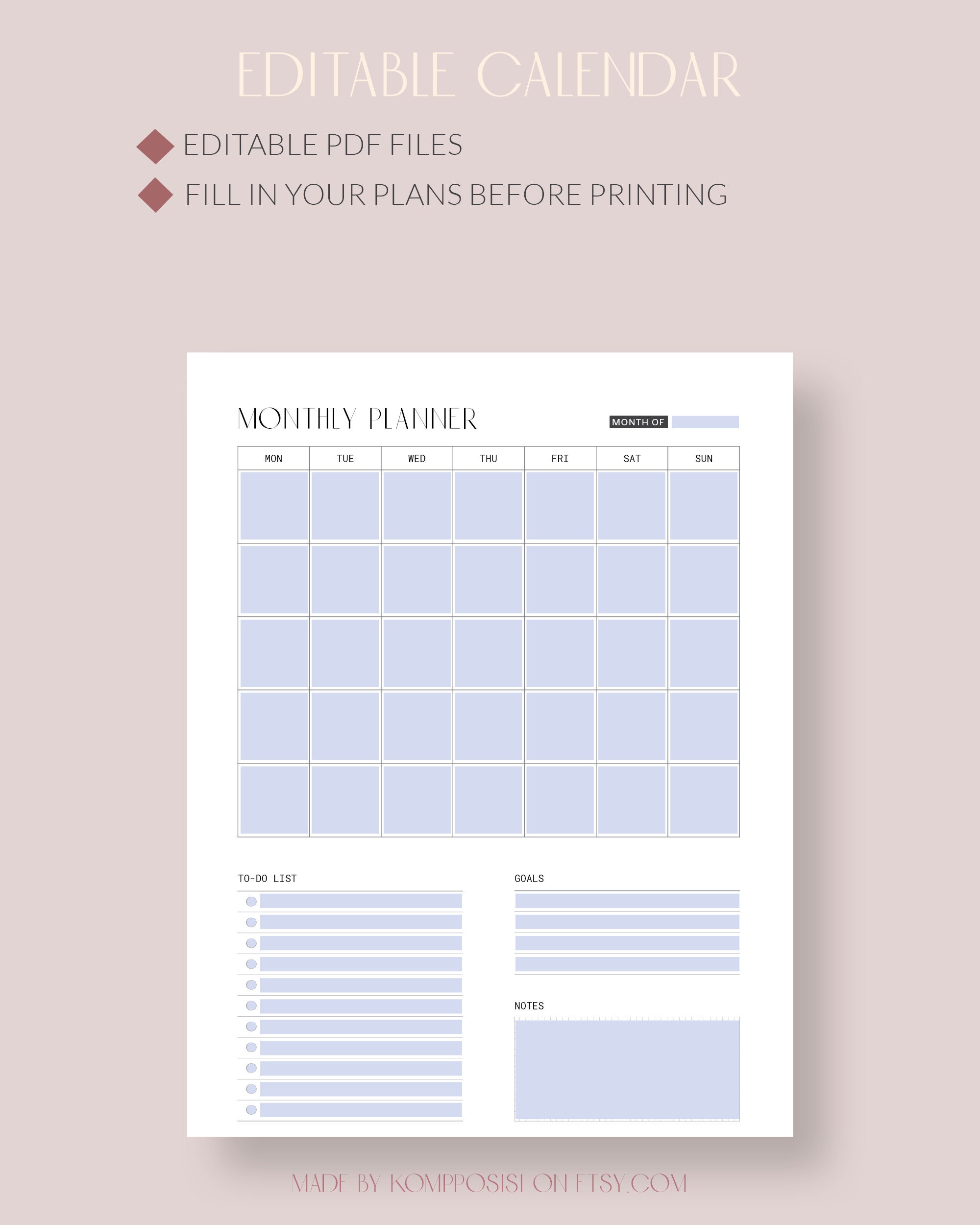 Monthly Planner Printable Page | Fillable Monthly Schedule PDF ...