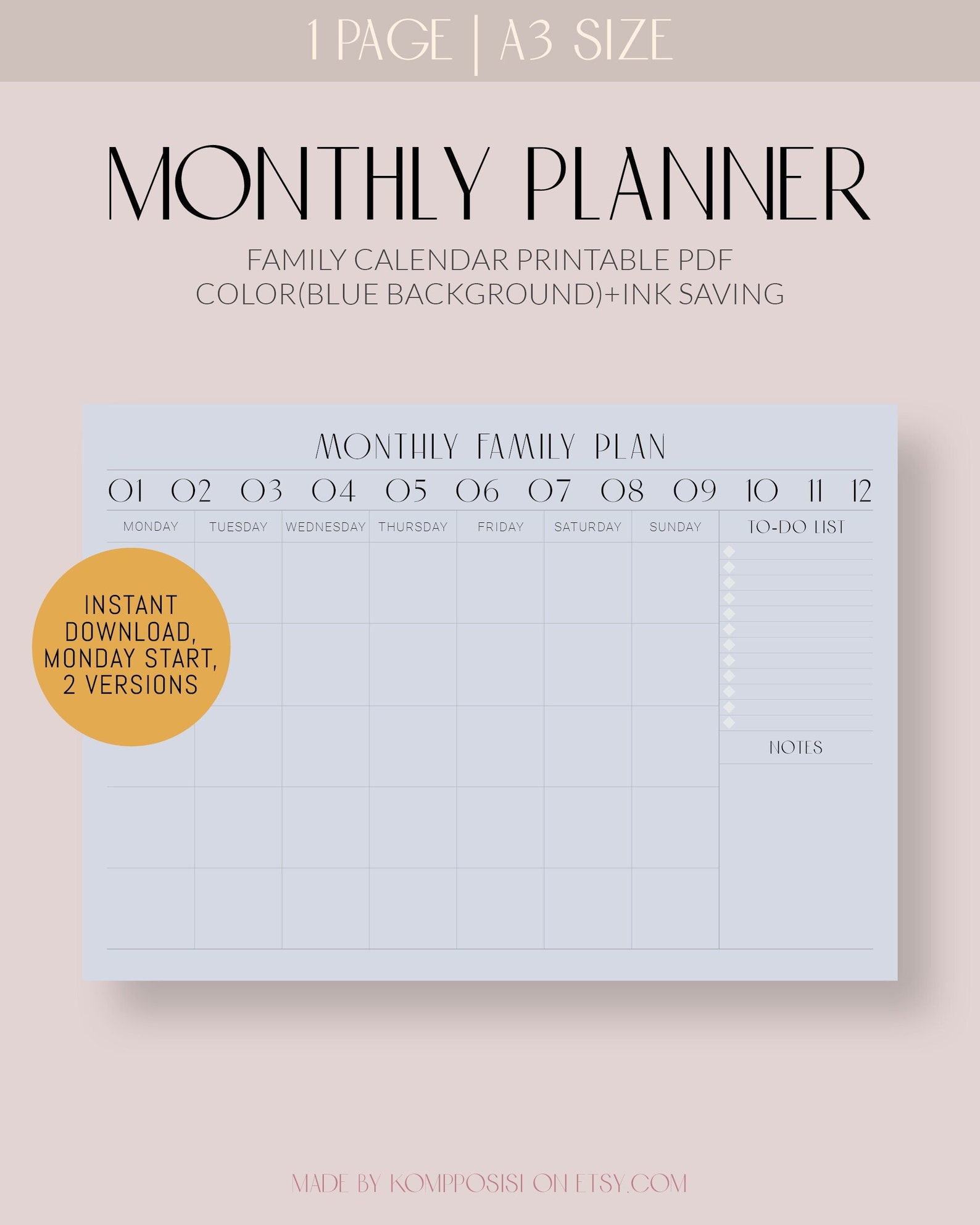 A3 Desk Monthly Family Planner Printable | Wall Calendar | Family ...