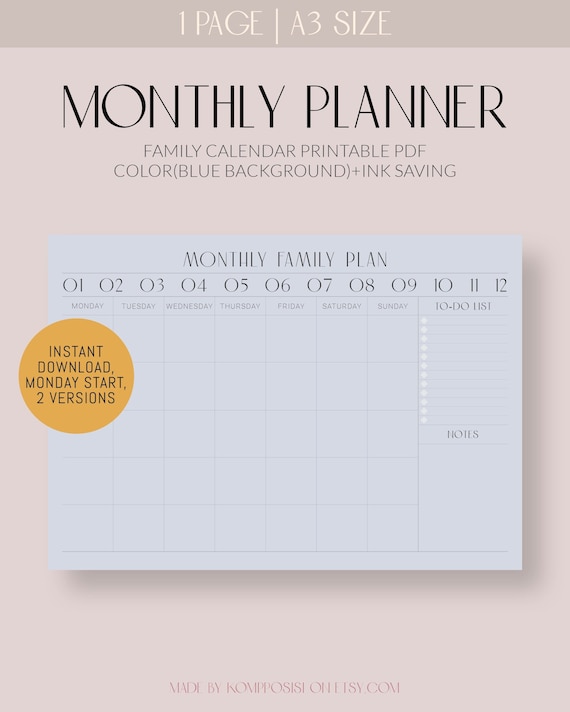 A3 Desk Monthly Family Planner Printable Wall Calendar | Etsy