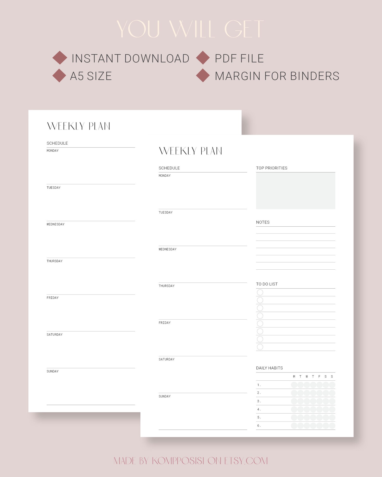 A5 Undated Weekly Planner Printable | Simple Weekly Planner Inserts ...