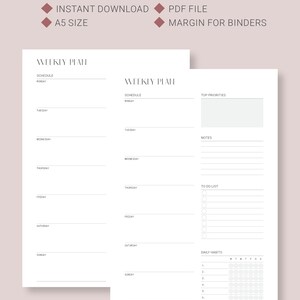 A5 Undated Weekly Planner Printable Simple Weekly Planner Inserts ...