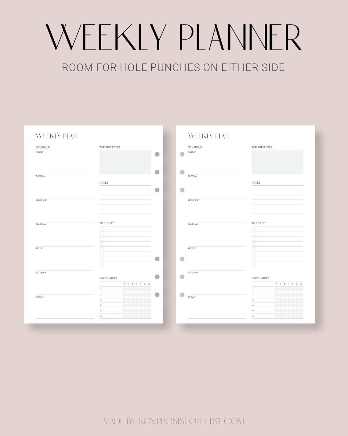 A5 Undated Weekly Planner Printable | Simple Weekly Planner Inserts ...