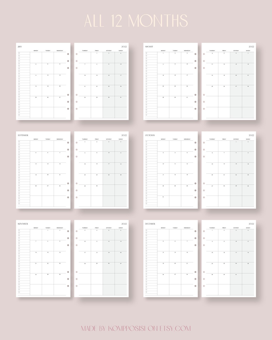 2022 A5 Dated Monthly Calendar Printable Planner Inserts | Month on Two ...