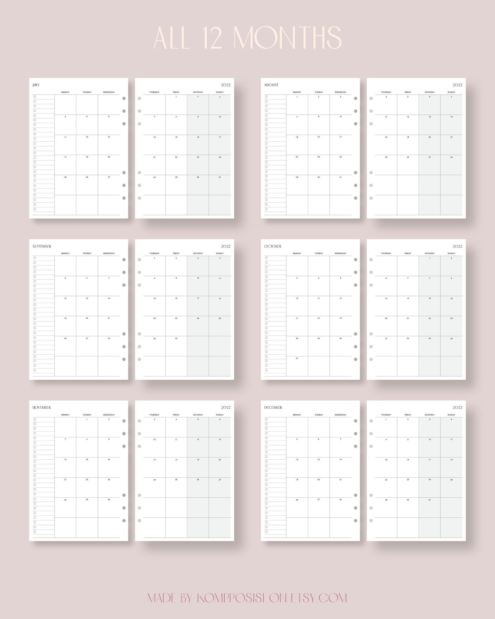 2022 A5 Dated Monthly Calendar Printable Planner Inserts | Month on Two ...