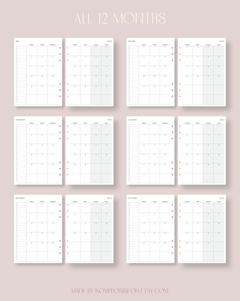 2022 A5 Dated Monthly Calendar Printable Planner Inserts | Month on Two ...