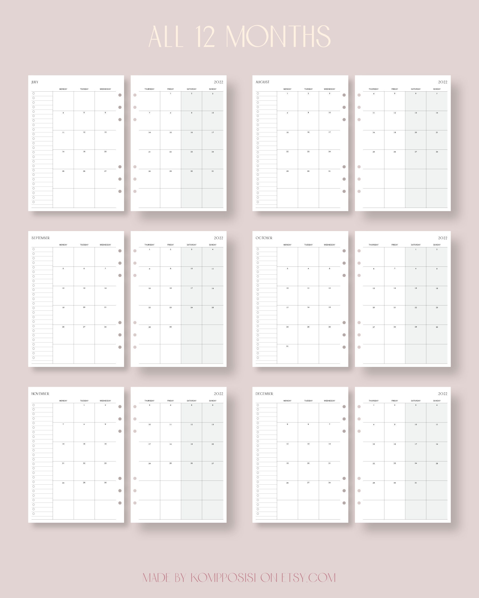 2022 A5 Dated Monthly Calendar Printable Planner Inserts | Month on Two ...