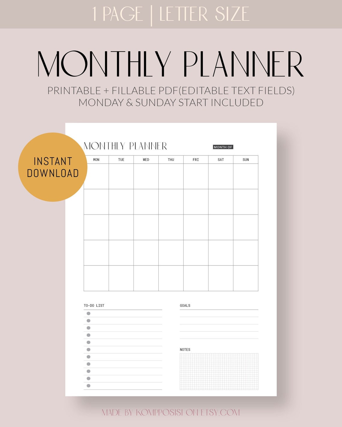 Monthly Planner Printable Page Fillable Monthly Schedule PDF Editable ...