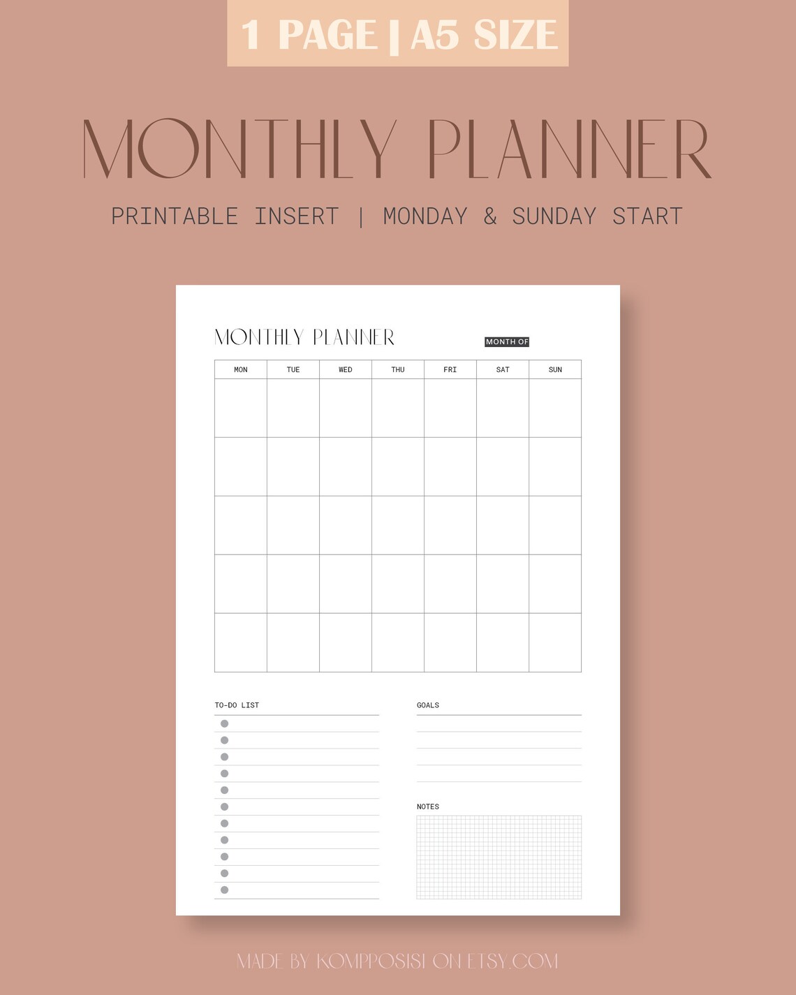 Monthly Planner Printable Page Undated Monthly Planner A5 | Etsy