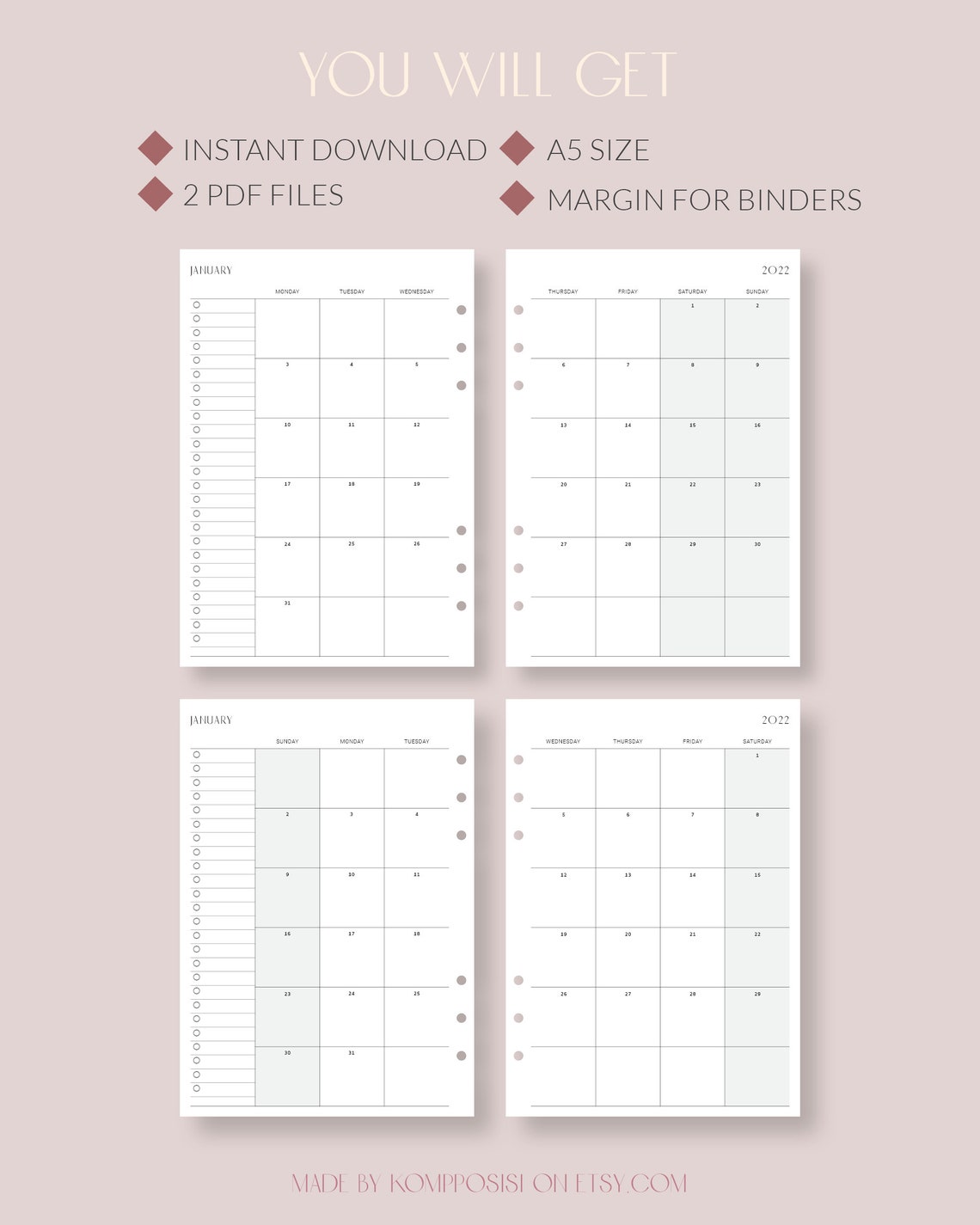 2022 A5 Dated Monthly Calendar Printable Planner Inserts | Month on Two ...