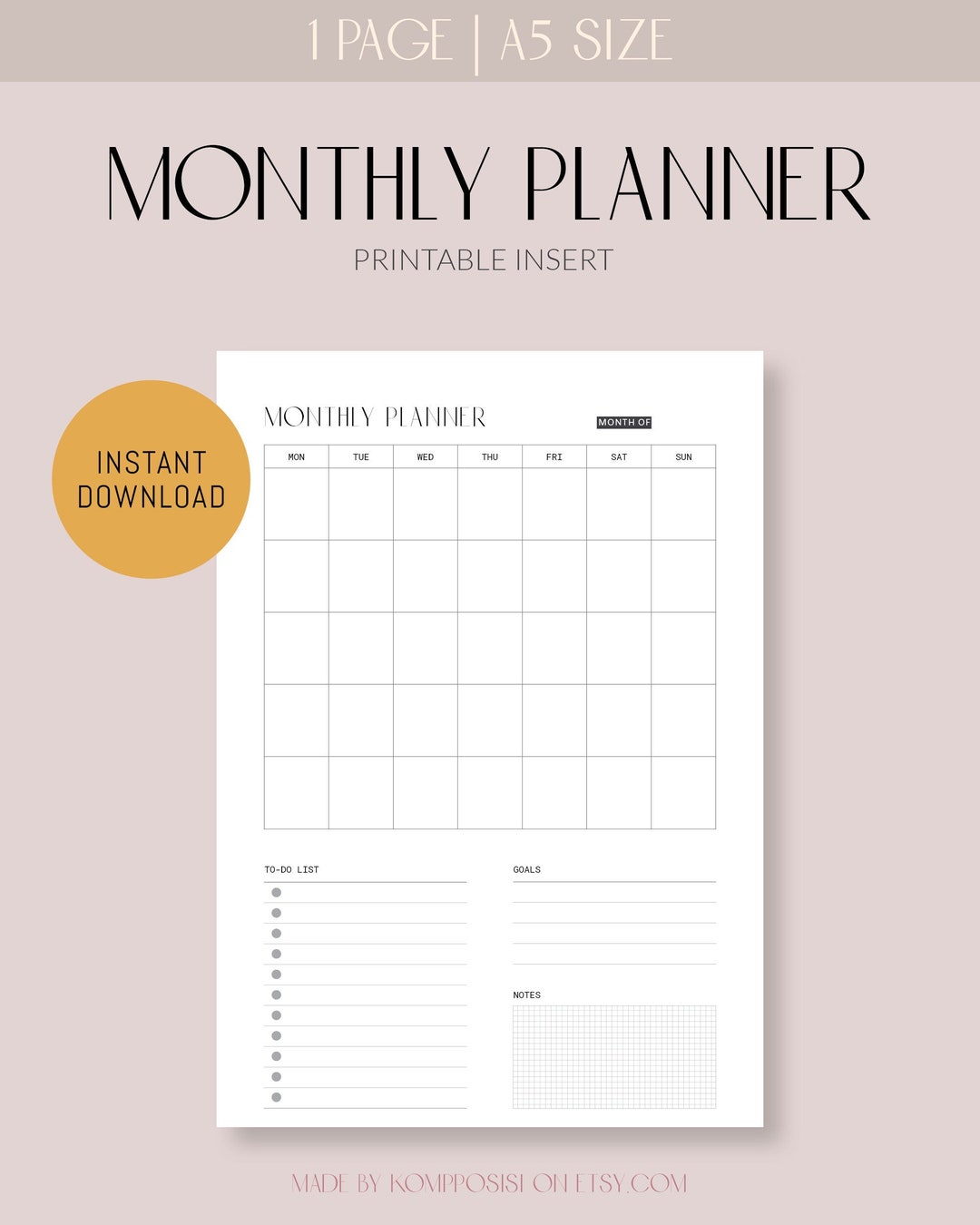 Monthly Planner Printable Page | Undated Monthly Planner A5 Insert ...