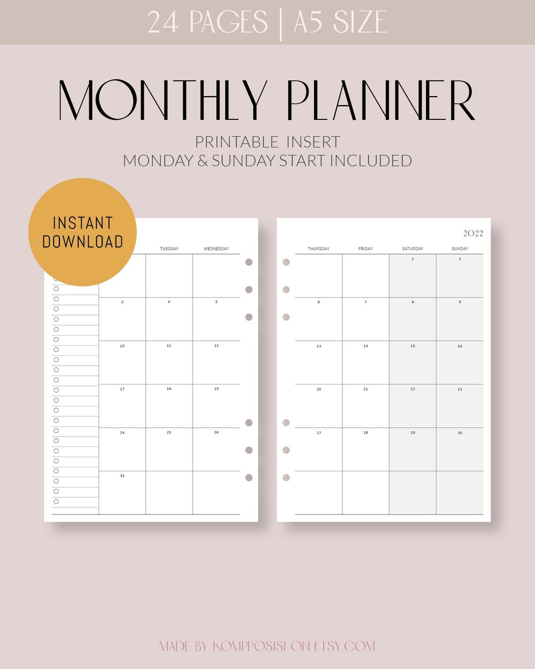 2022 A5 Dated Monthly Calendar Printable Planner Inserts | Month on Two ...