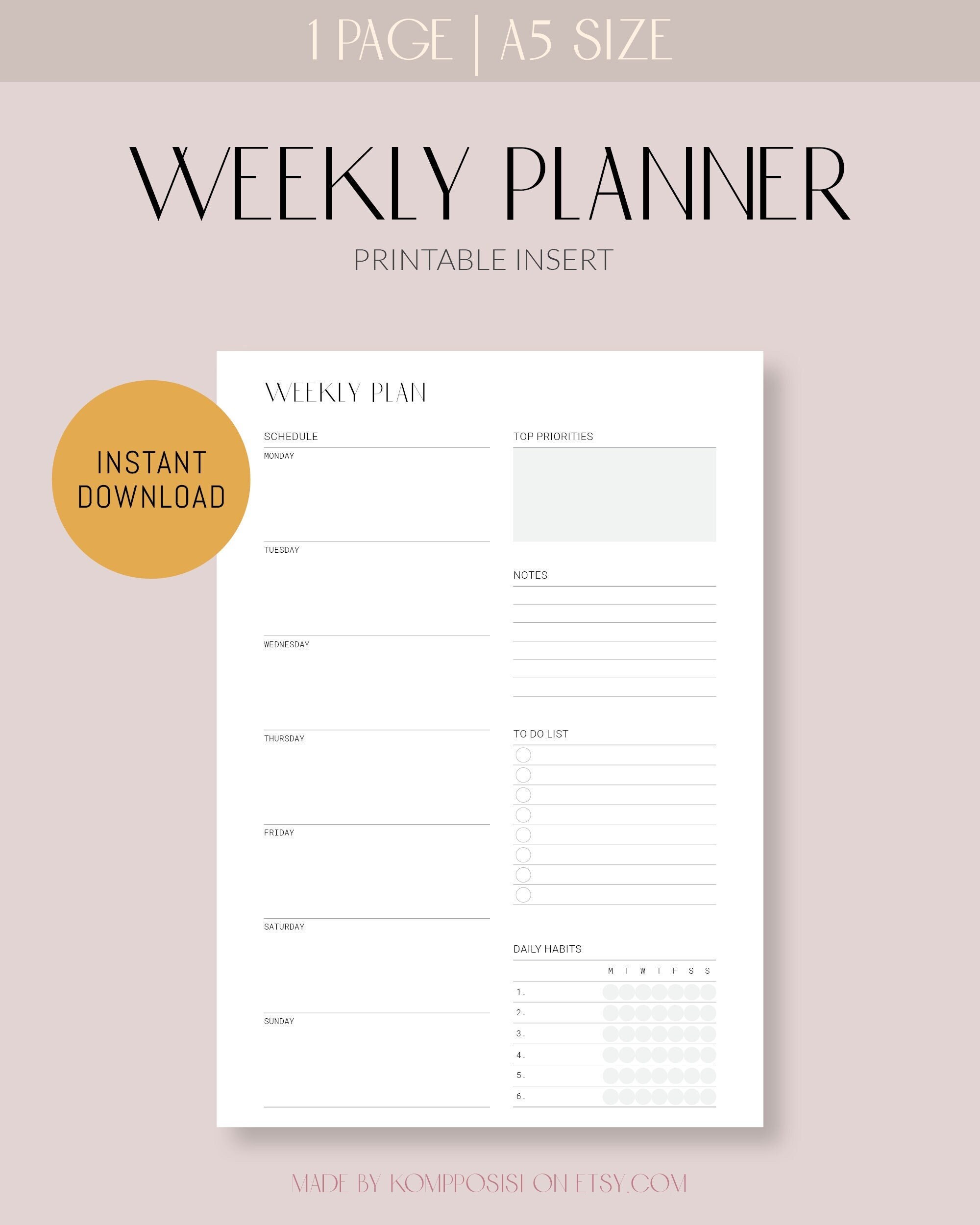A5 Undated Weekly Planner Printable Simple Weekly Planner Inserts ...