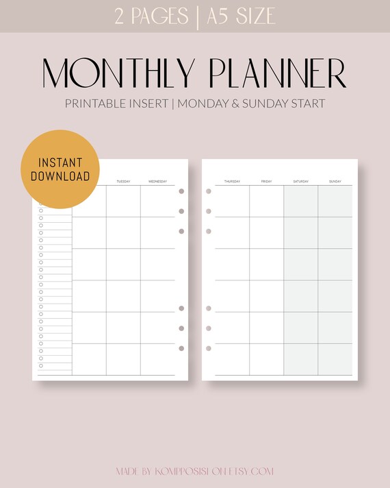 2022 A5 Undated Monthly Planner Printable Month on Two Pages - Etsy