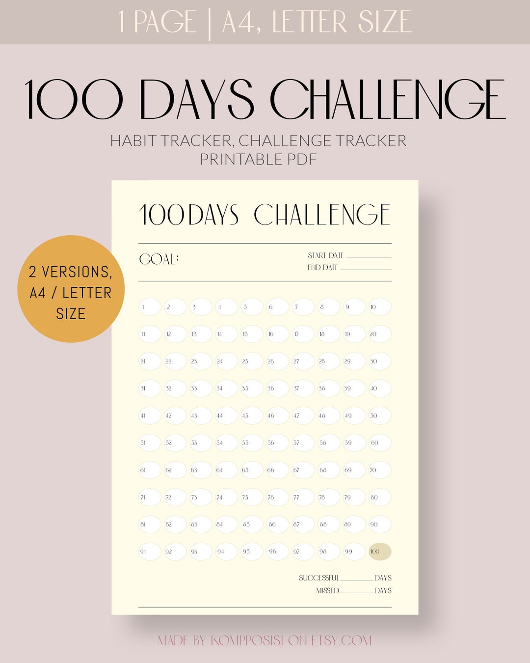 100days Challenge Printable A4, Letter | 100days Habit Tracker | Weight Loss Tracker | Daily ...