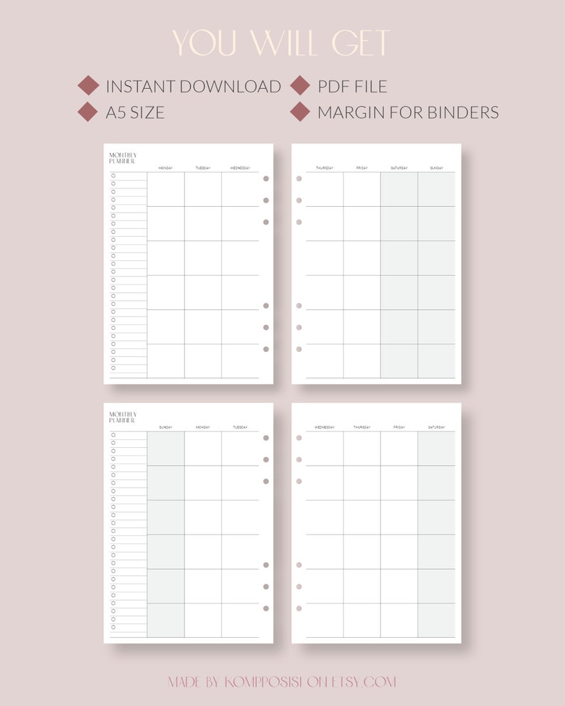 2022 A5 Undated Monthly Planner Printable | Month on Two Pages | Month ...