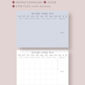 A3 Desk Monthly Family Planner Printable | Wall Calendar | Family ...