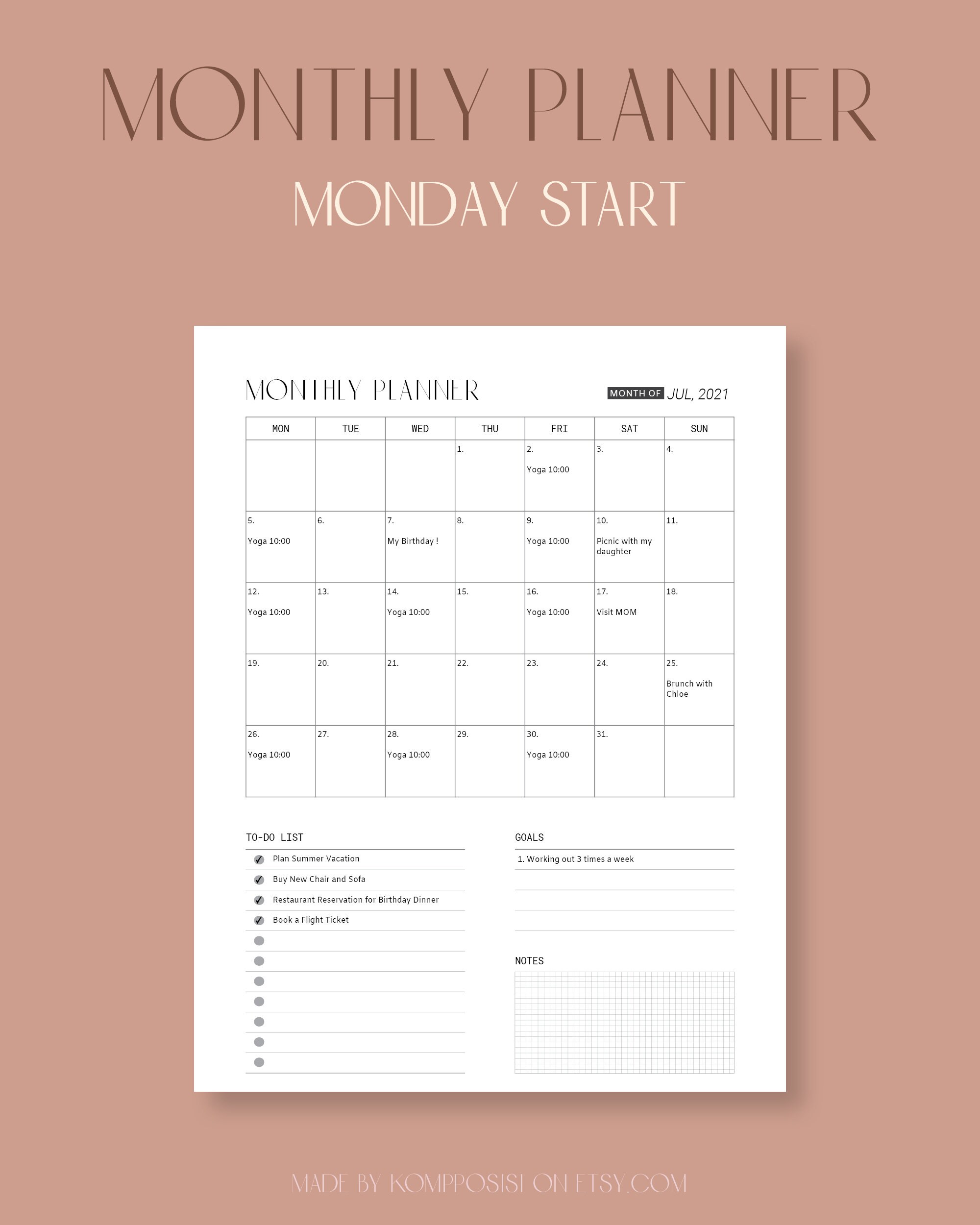 Monthly Planner Printable Page Fillable Monthly Schedule PDF | Etsy