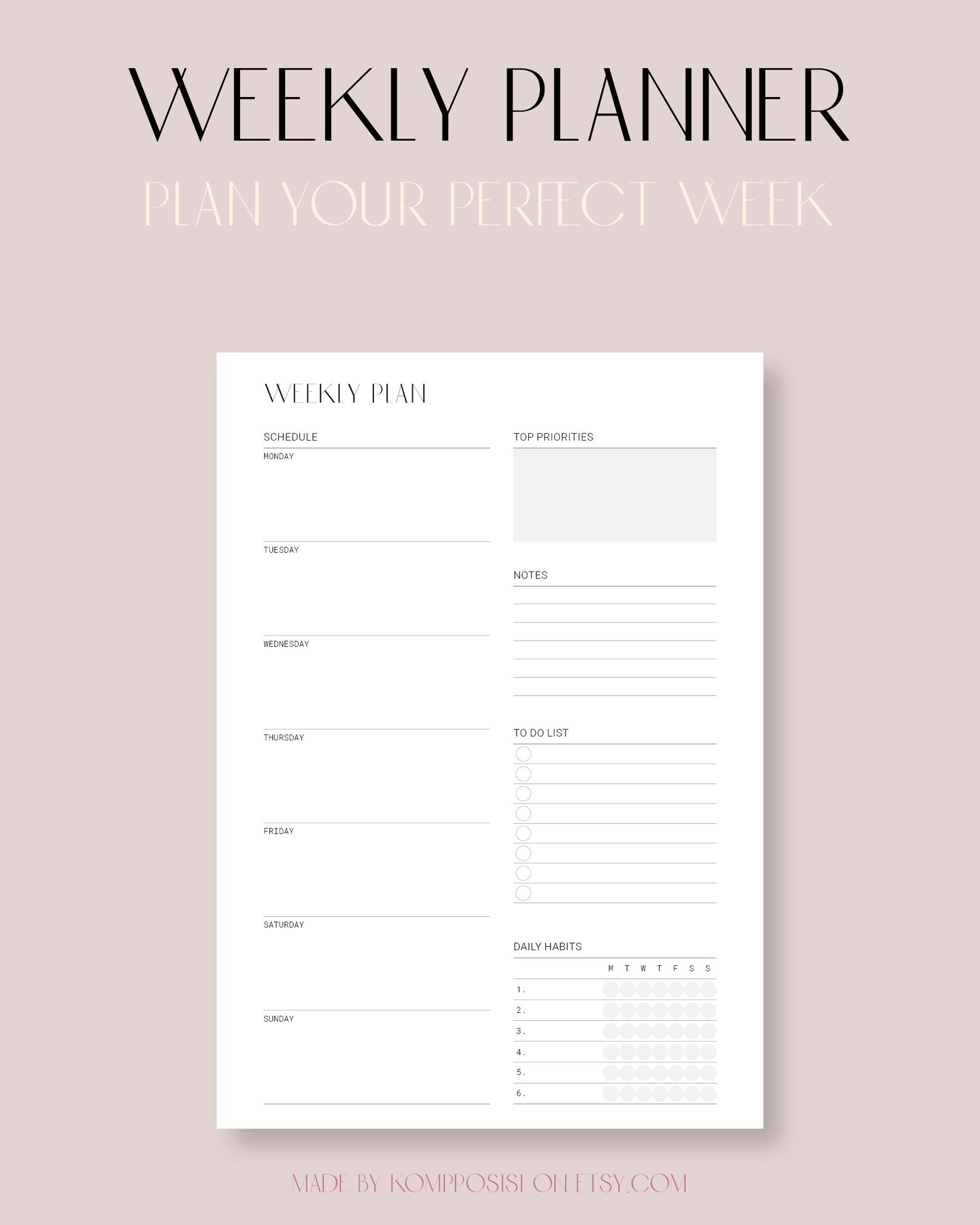 A5 Undated Weekly Planner Printable | Simple Weekly Planner Inserts ...