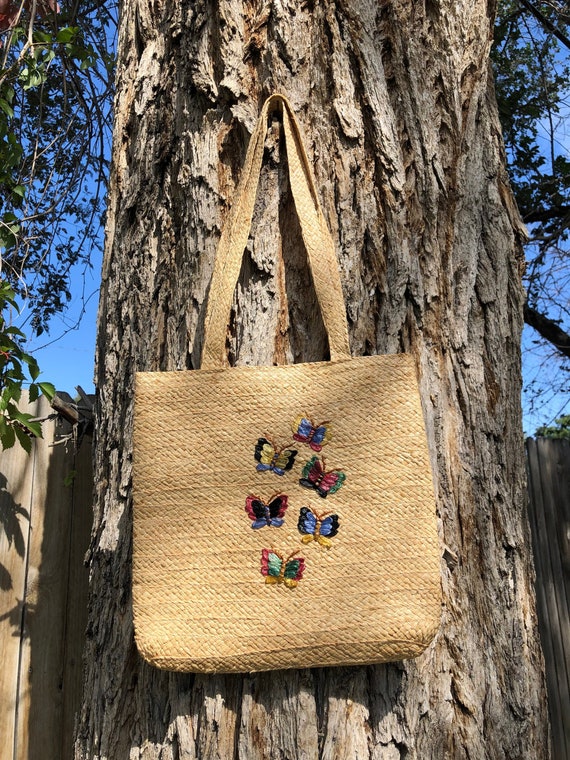 Vintage straw bag with butterflies on front - Gem