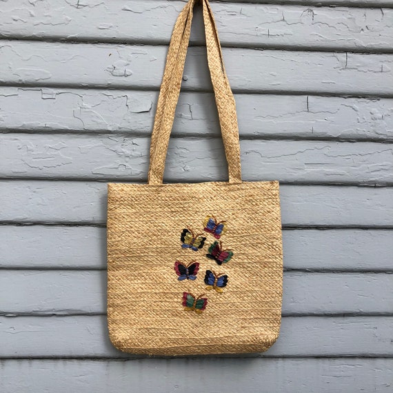 Vintage straw bag with butterflies on front - Gem