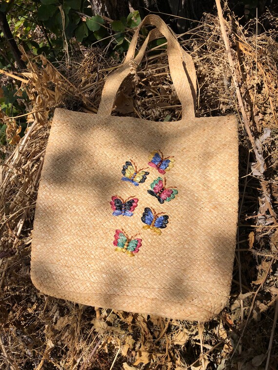Vintage straw bag with butterflies on front - Gem