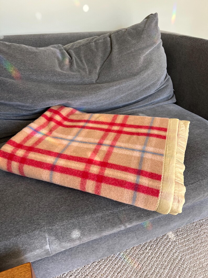 Tan, Red, Sky Blue Vintage Wool Blanket, Wool Throw, Vintage Blanket ...
