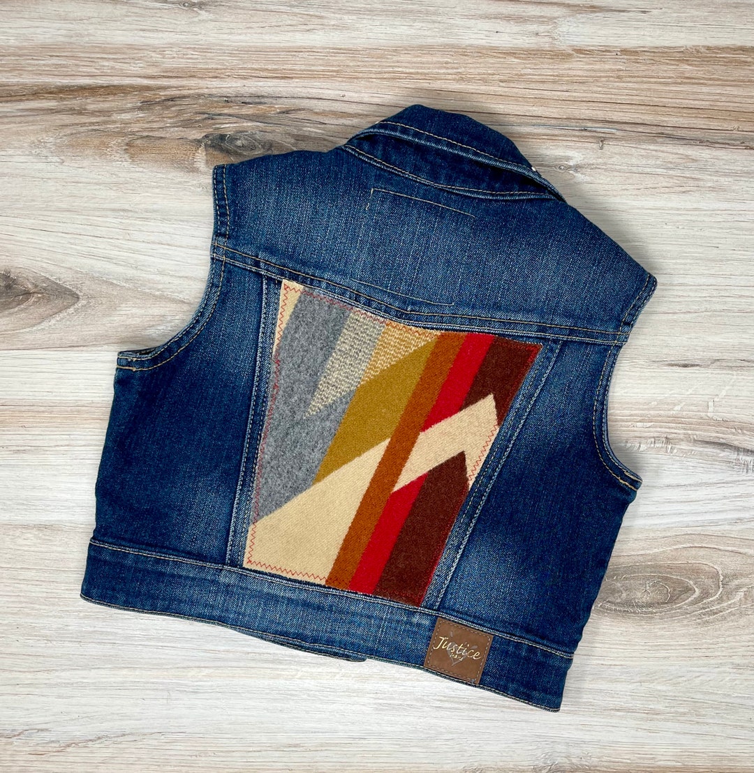 Girls Denim Vest With Pendleton Wool Bedazzled Youth Size 6/7 Upcycled ...
