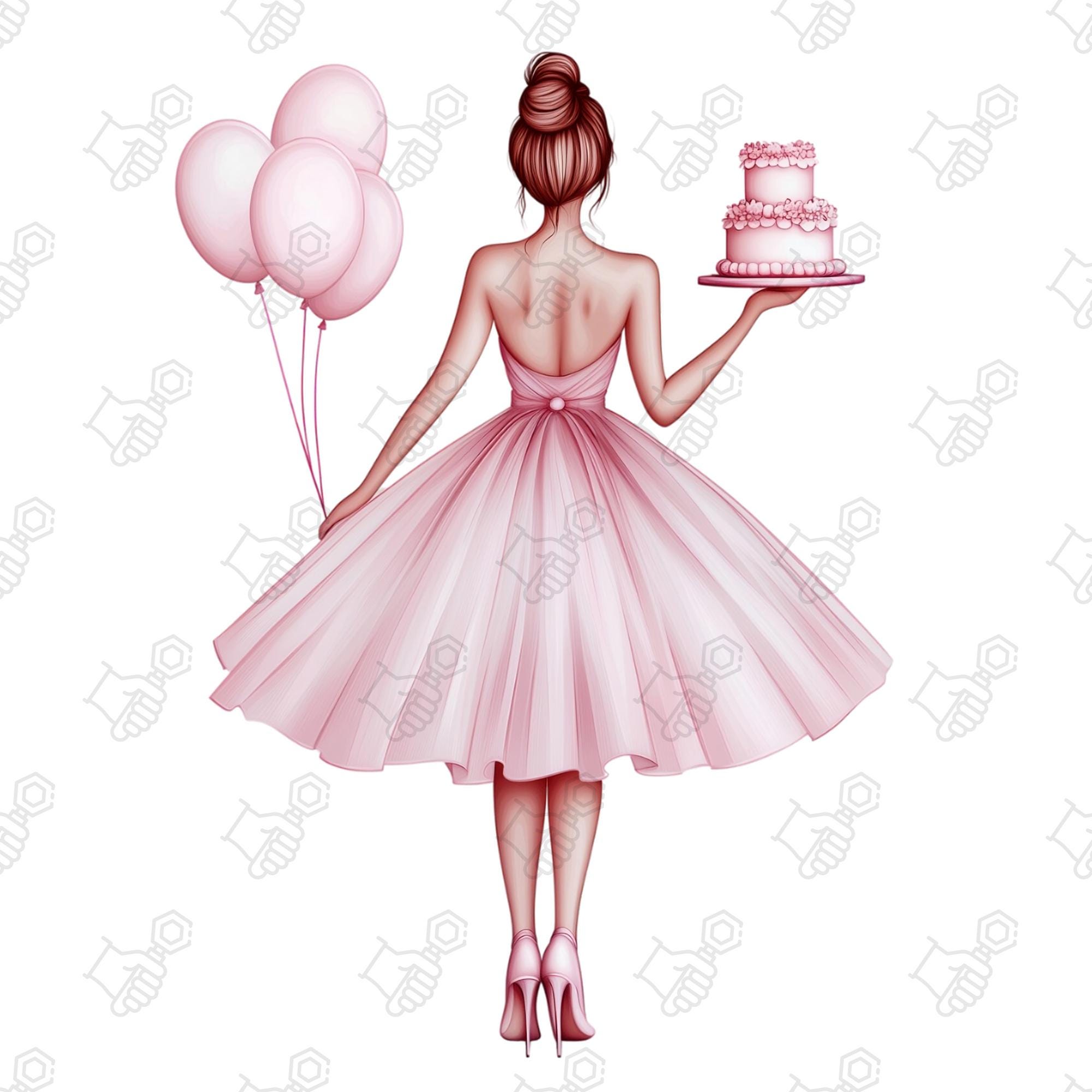 Birthday Girl Clipart: Pink Dress, Balloons, and Cake (PNG Digital Art ...