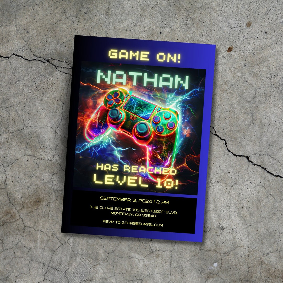 Video Game Birthday Invitation Template, Video Game Invitation, Neon ...