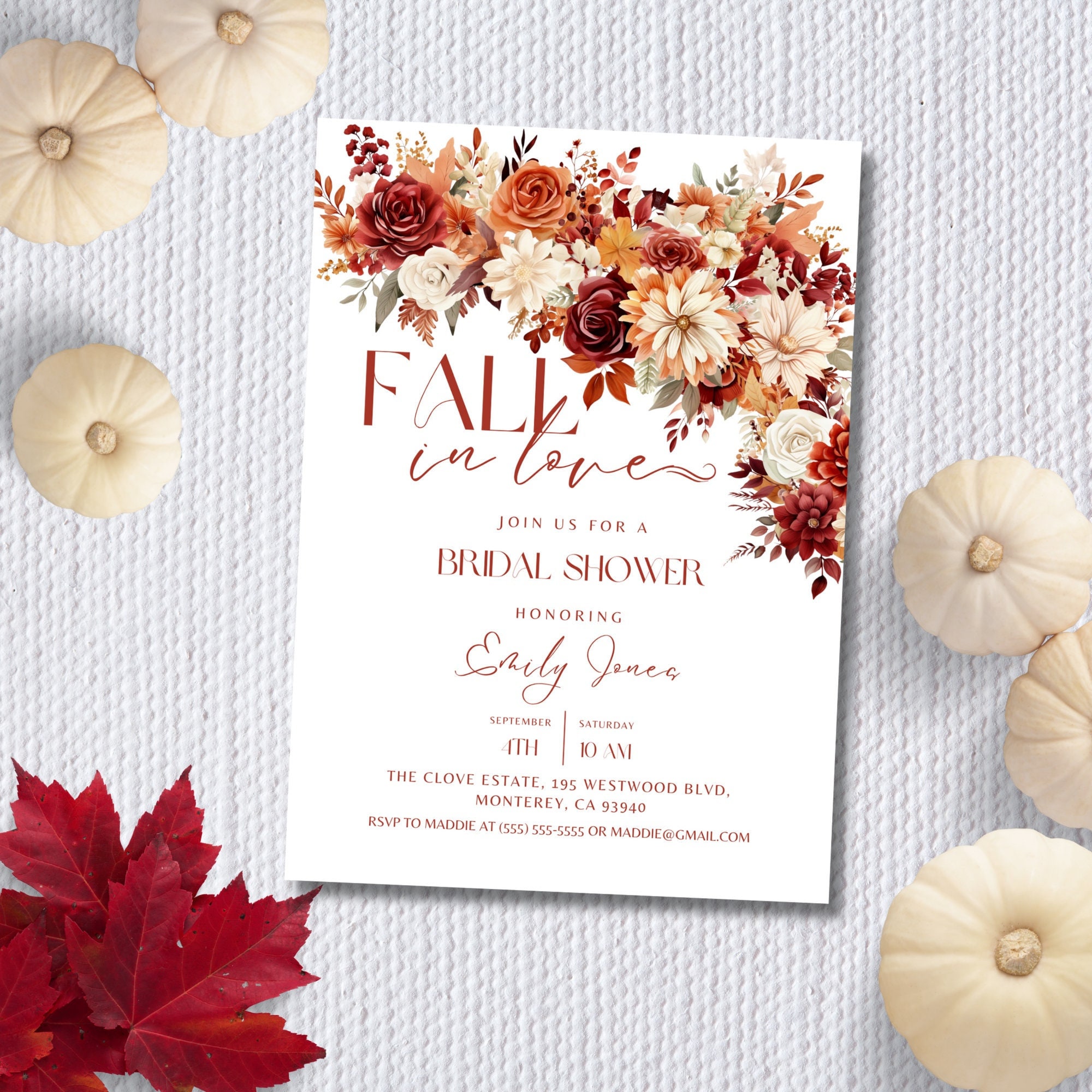 Fall in Love Bridal Shower Invitation Template: Editable Autumn Design ...