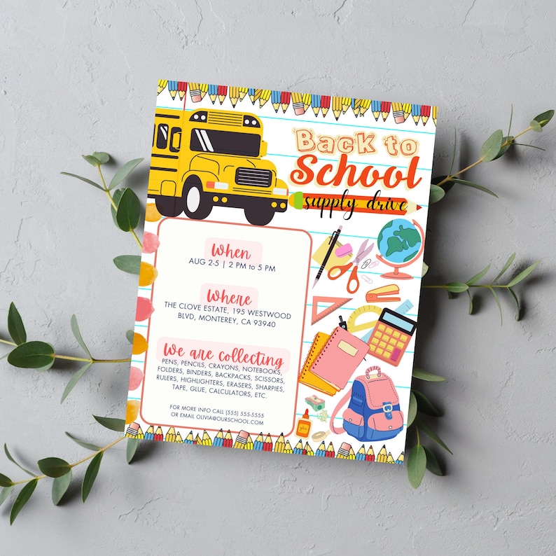 Back to School Drive Flyer Template, Editable Back to School Supply ...