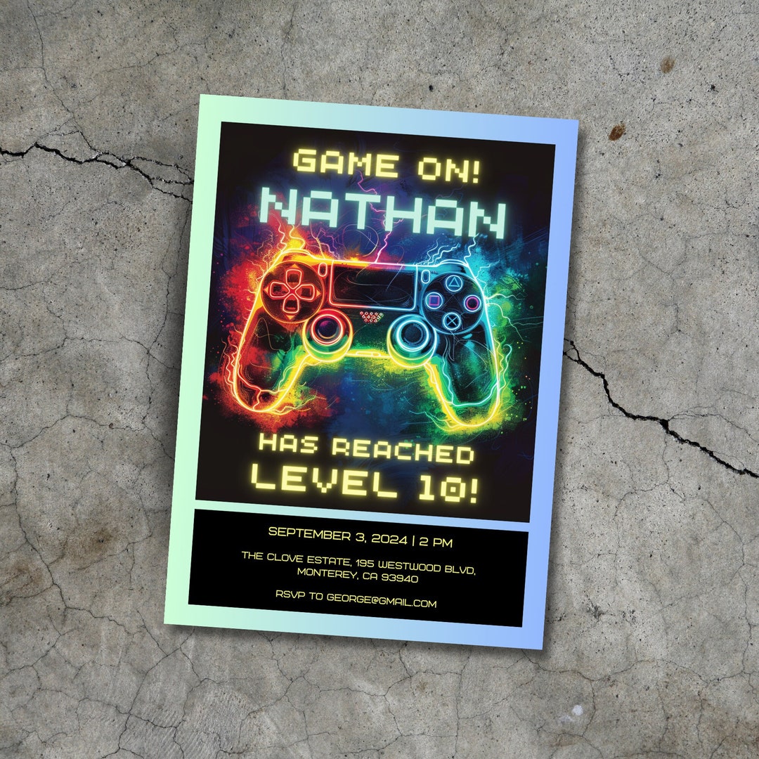Neon Gamer Birthday Invitation Template: Video Game Party (5x7 Digital ...