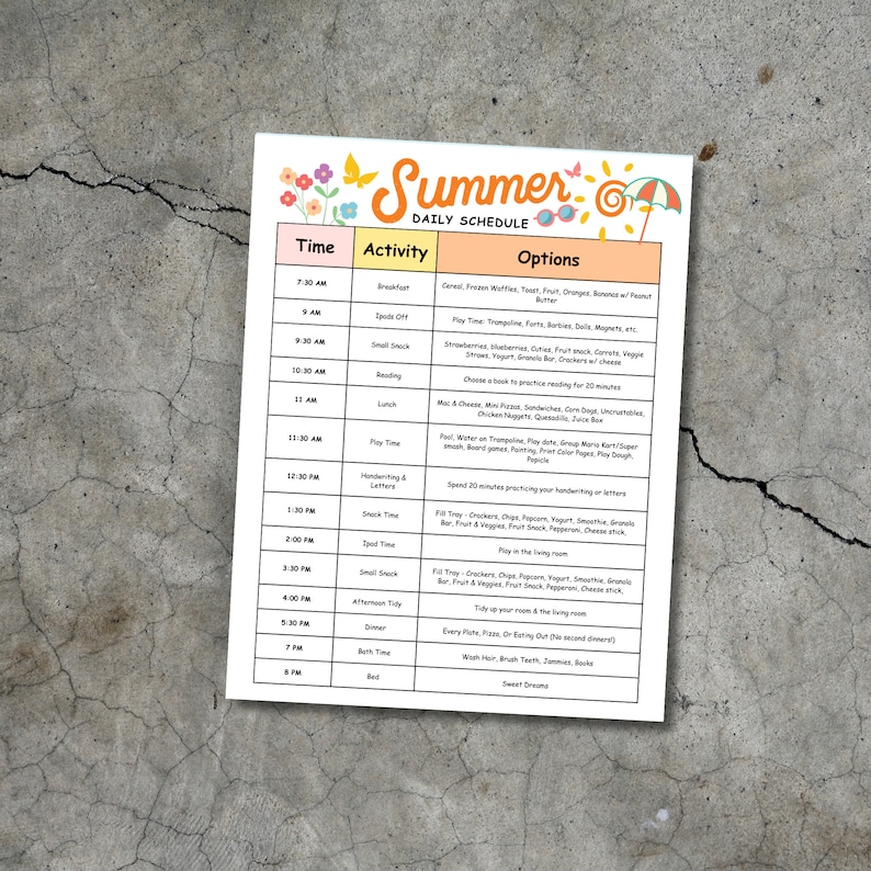 Summer Schedule Template, Summer Checklist, Kids Chore Chart, Summer ...