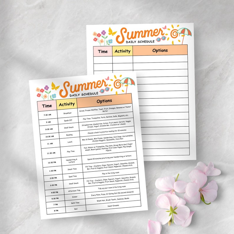 Kids Summer Daily Schedule: Chore Chart & Activities (printable ...
