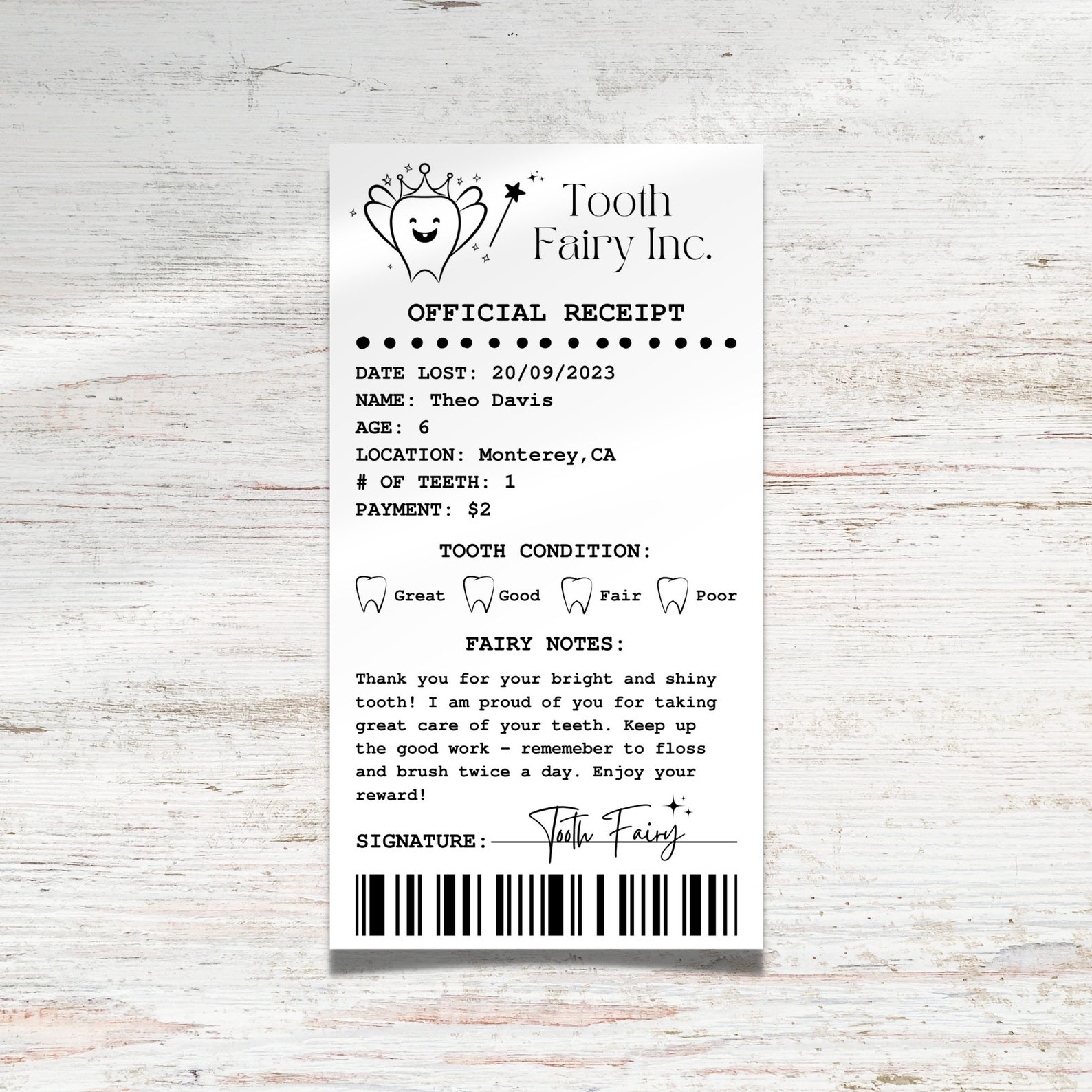 Editable Tooth Fairy Receipt Printable Certificate, First Tooth Lost ...