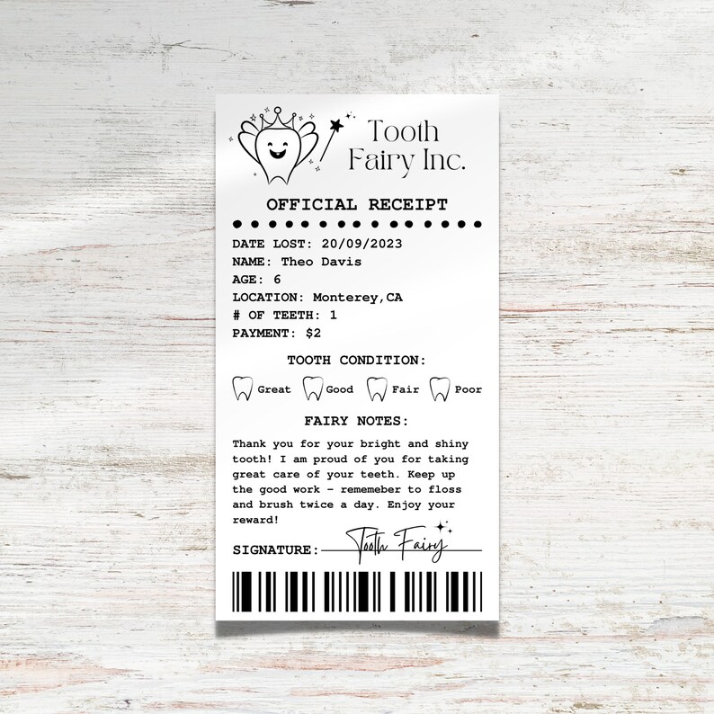 Editable Tooth Fairy Receipt Printable Certificate, First Tooth Lost ...