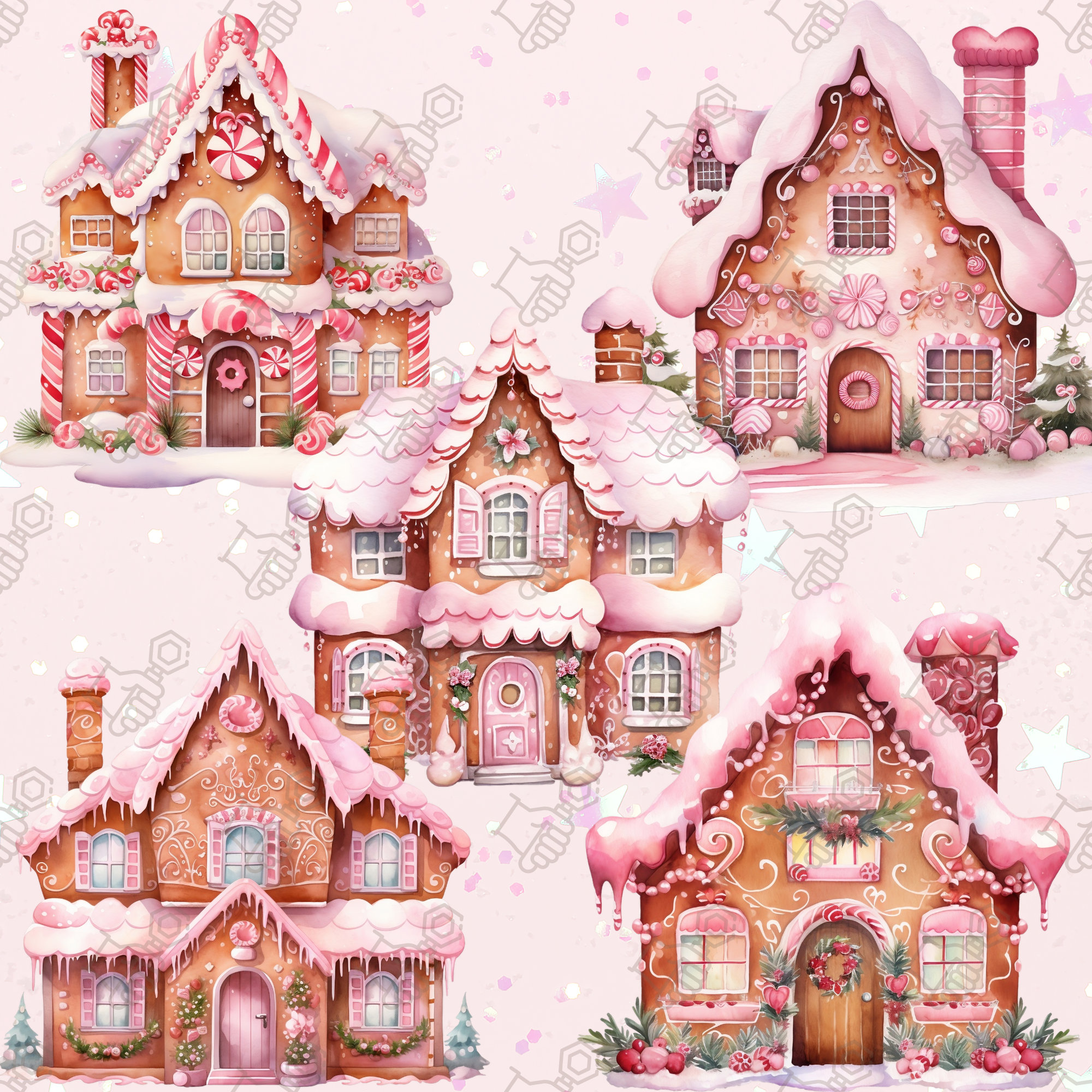 Christmas Pink Gingerbread House Clipart Bundle, Watercolor Gingerbread ...