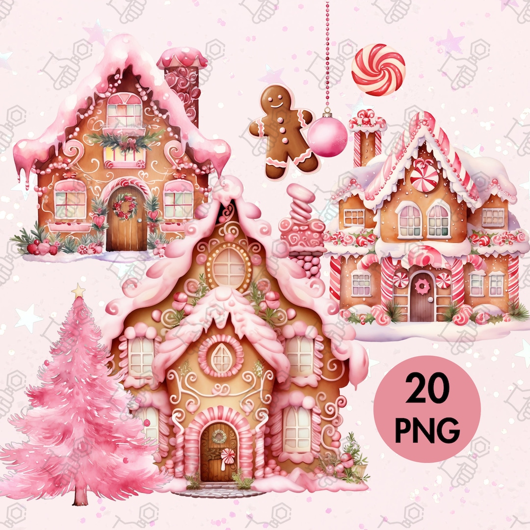 Christmas Pink Gingerbread House Clipart Bundle, Watercolor Gingerbread ...
