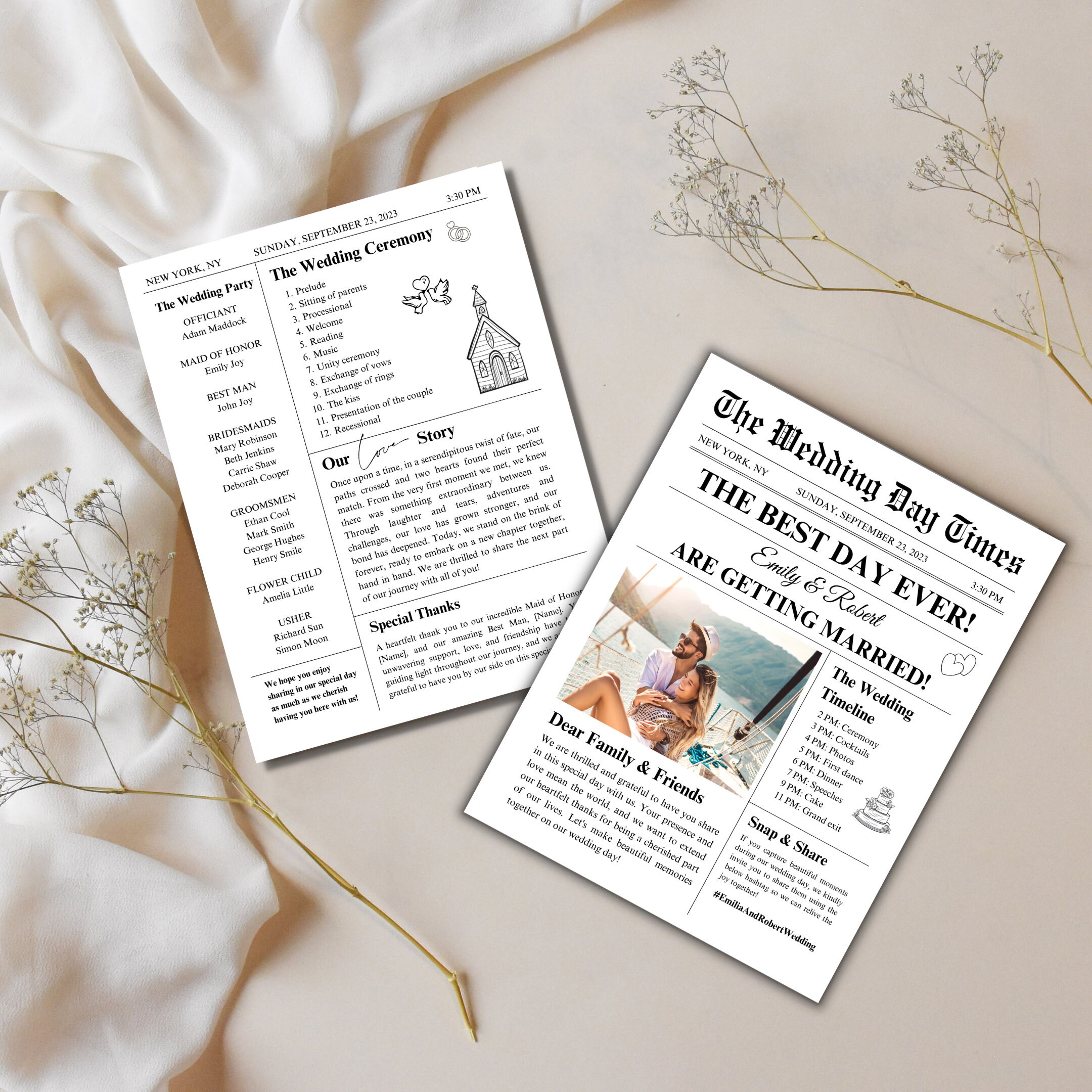 Newspaper Wedding Program Template Editable Wedding Ceremony Program ...