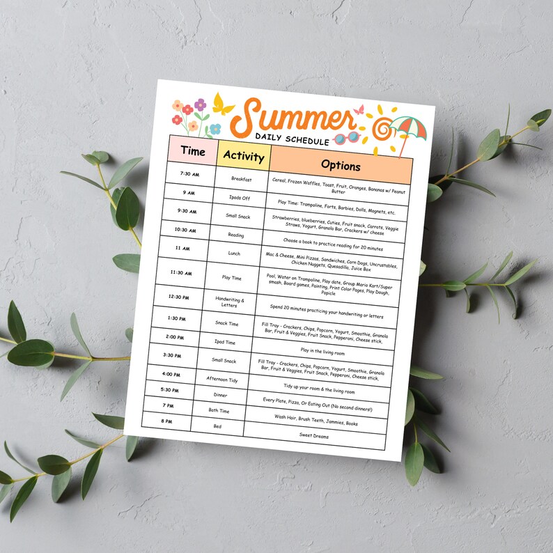 Kids Summer Daily Schedule: Chore Chart & Activities (printable ...
