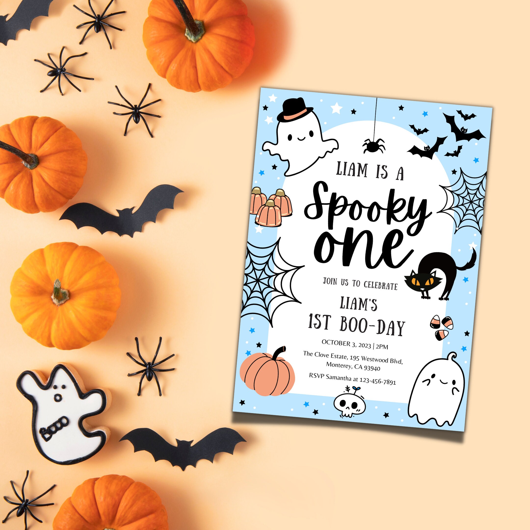 Spooky One Halloween Birthday Invitation Boy: Blue Ghost Theme (digital ...