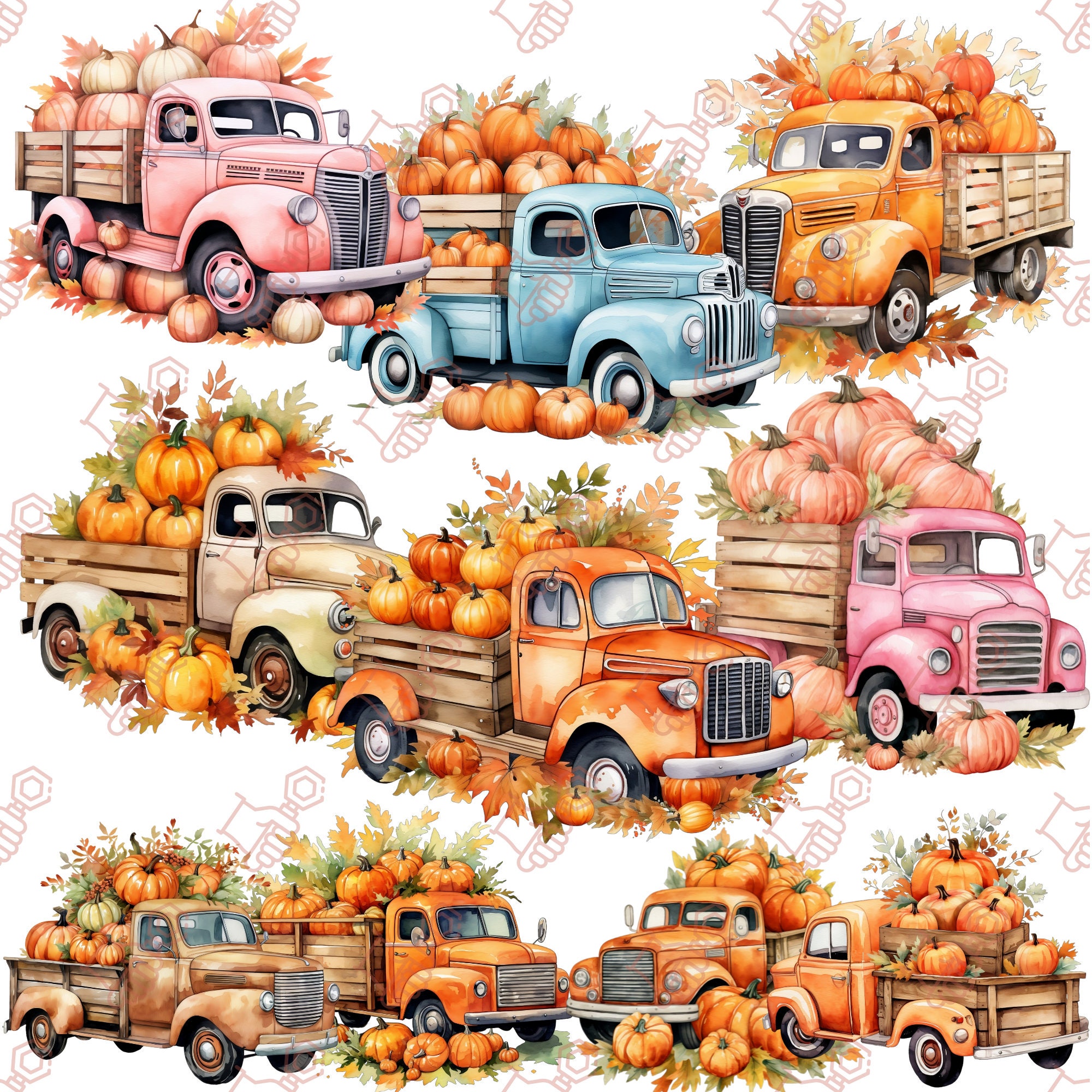Watercolor Pumpkin Truck Clipart: Fall Harvest PNG Images (digital ...