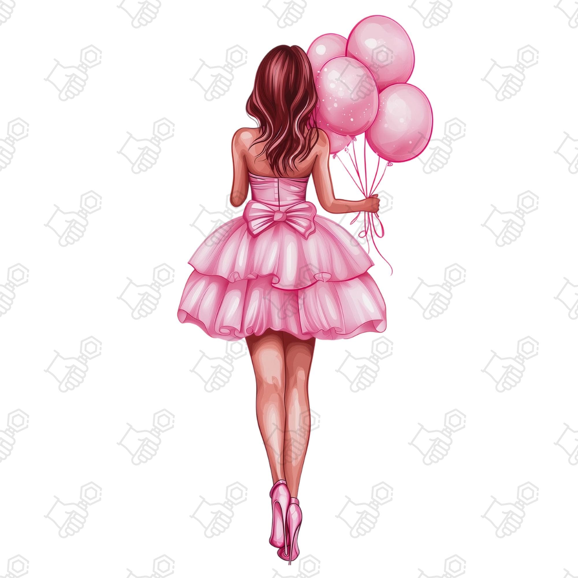 Birthday Girl Clipart: Pink Dress, Balloons, and Cake (PNG Digital Art ...