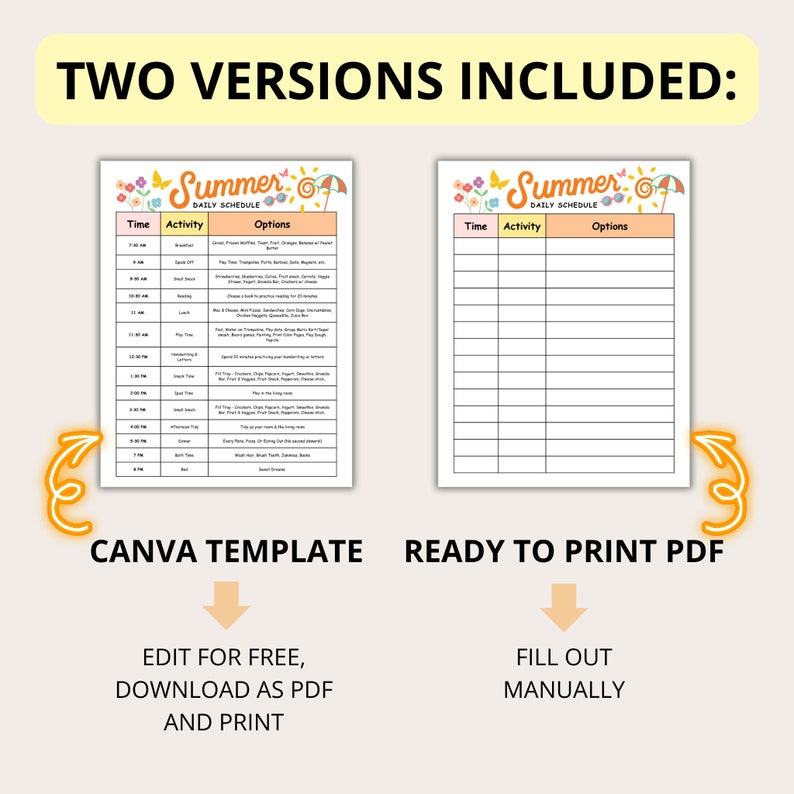 Summer Schedule Template, Summer Checklist, Kids Chore Chart, Summer ...